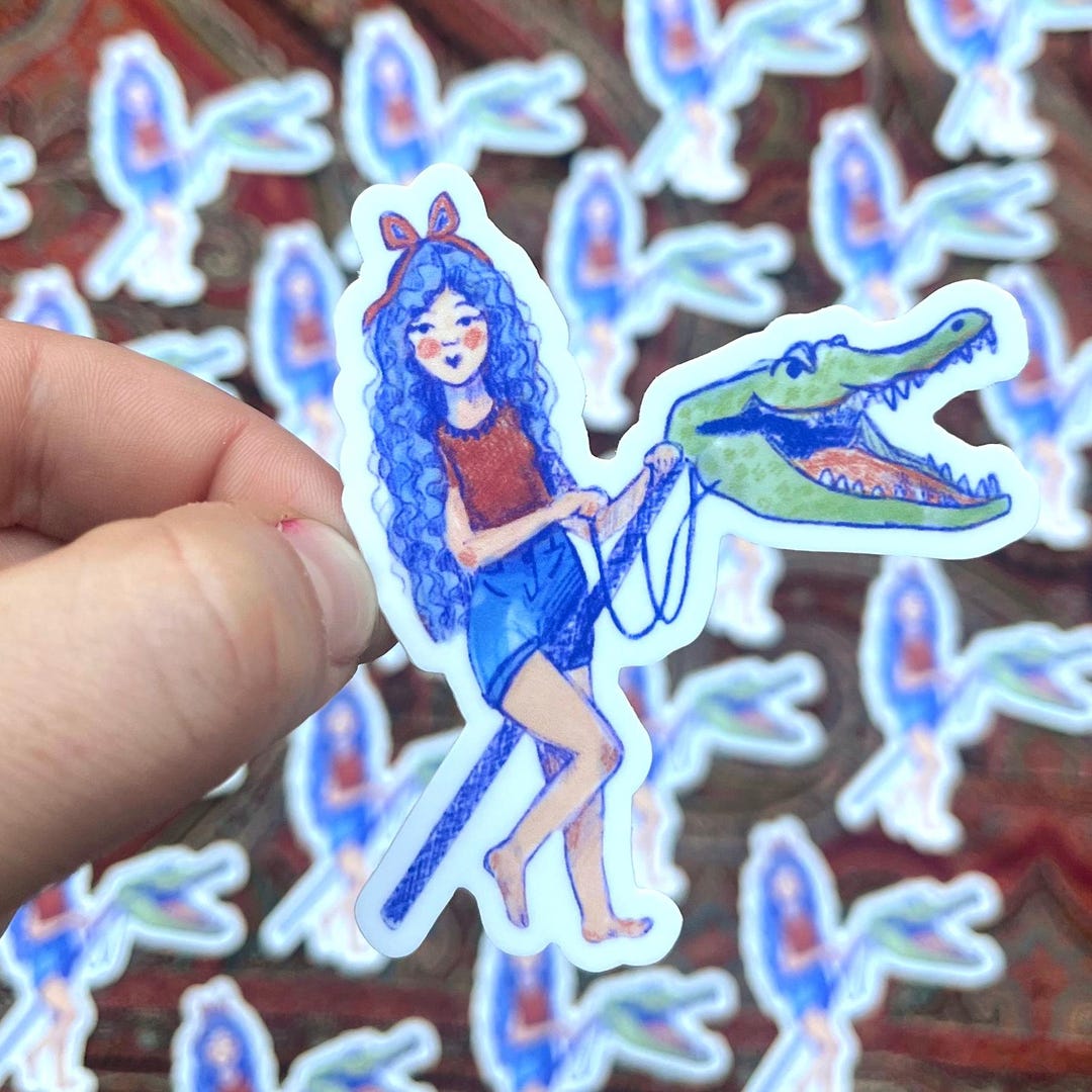 Illustrated Girl With Hobby Horse Gator Folk Art Style Waterproof Vinyl ...