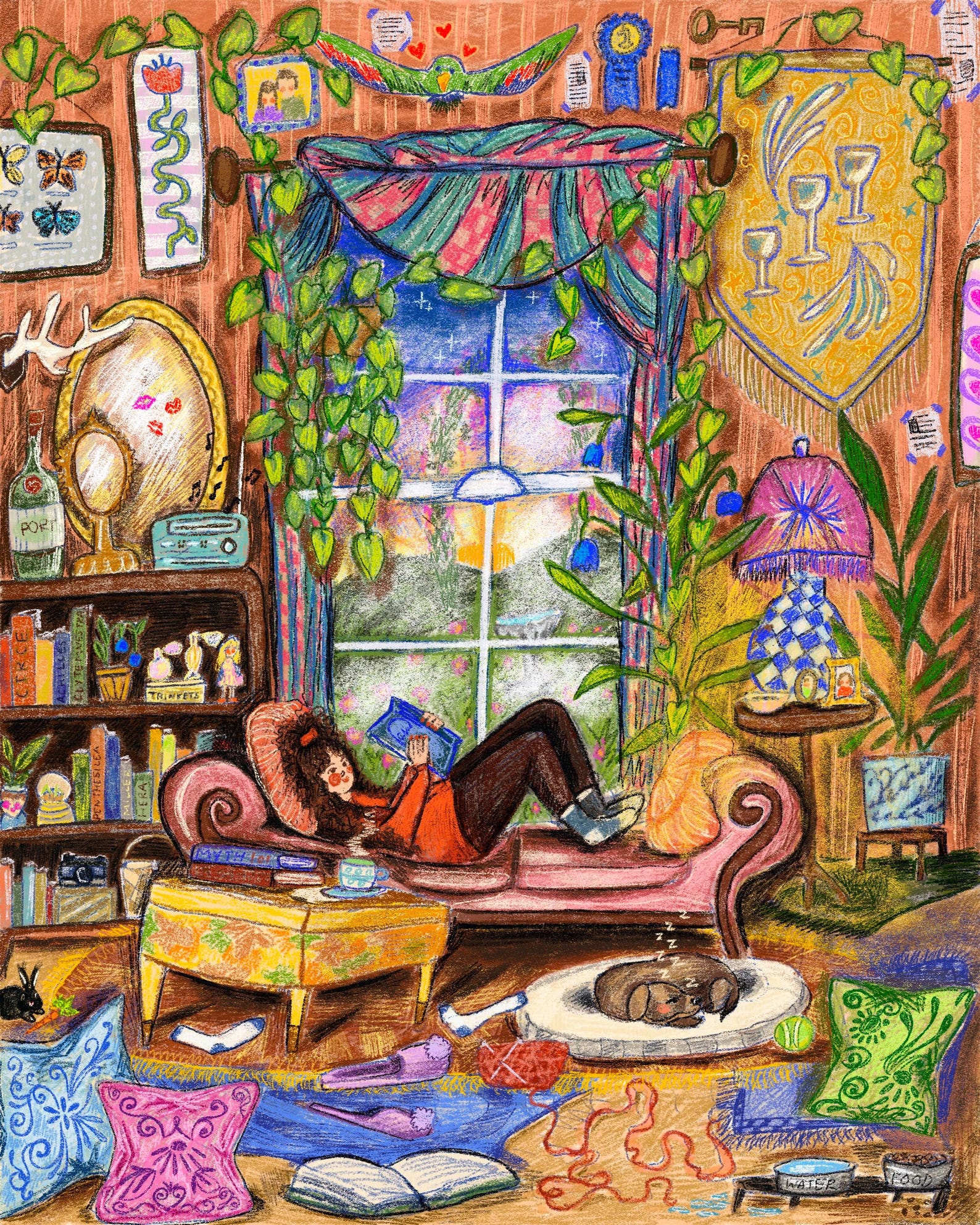 Original Giclee Art Print | Girl Reading Book in Study | Cozy Colorful ...