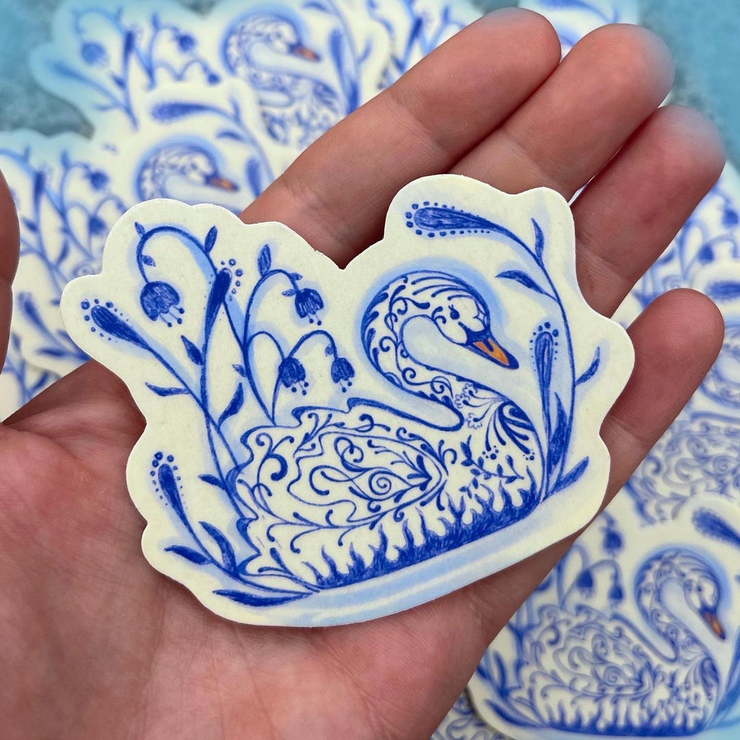 Illustrated White Swan in Folk Delft Style Waterproof Diecut Vinyl ...