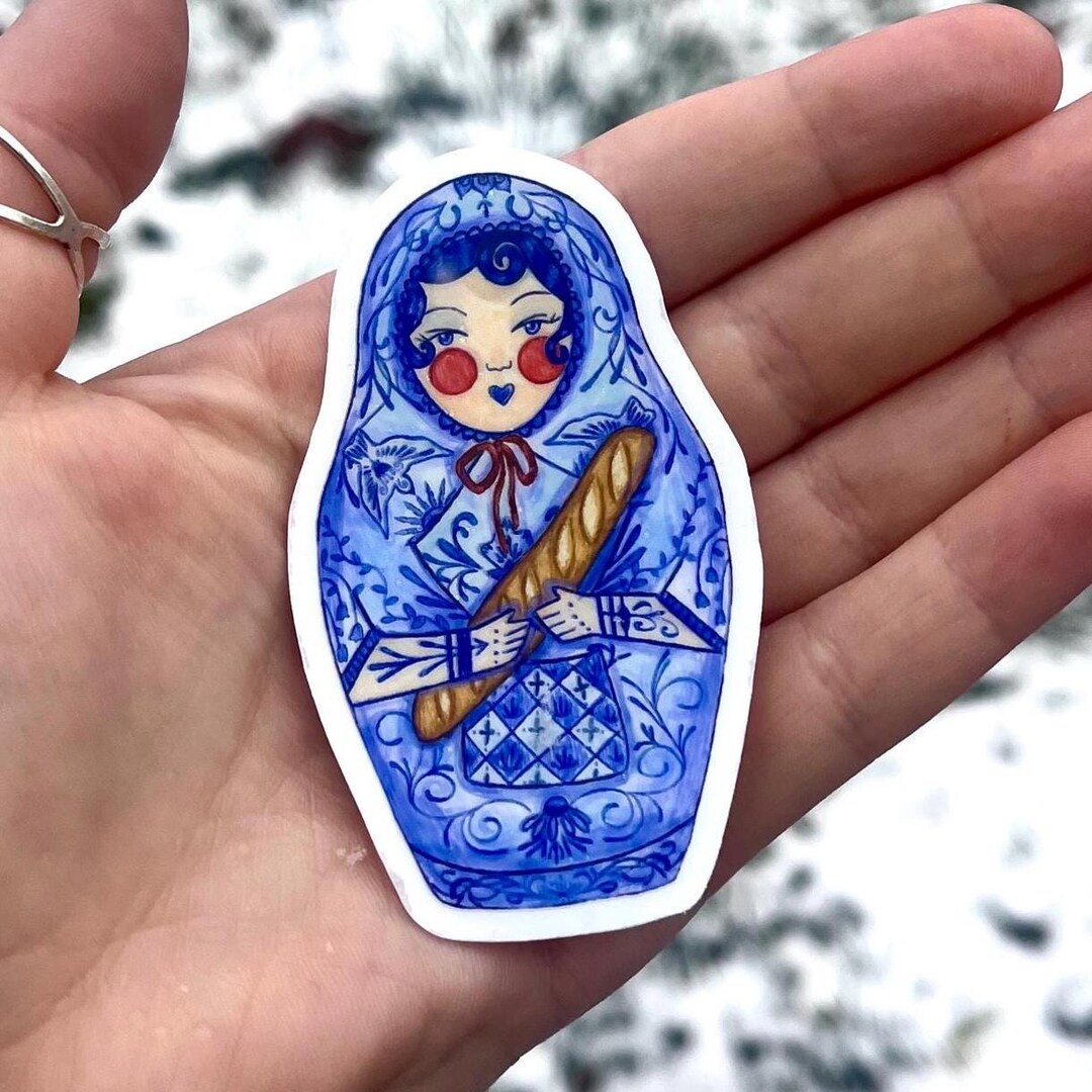 Illustrated Russian Doll Matryoshka Holding Baguette Folk Art Delft ...