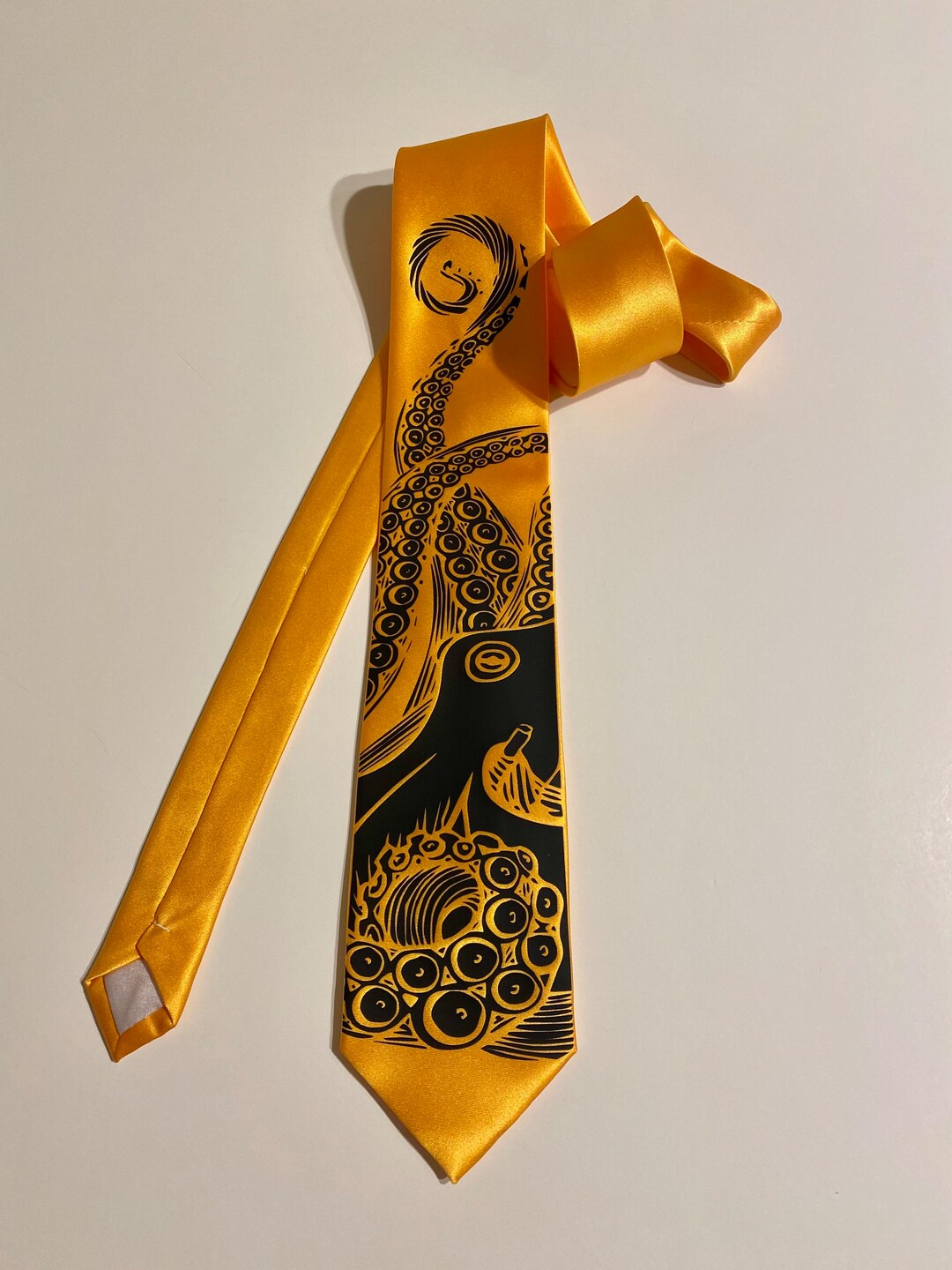 Octopus Tie, Great Golden Yellow Necktie- Black Design, Fun and Unique ...
