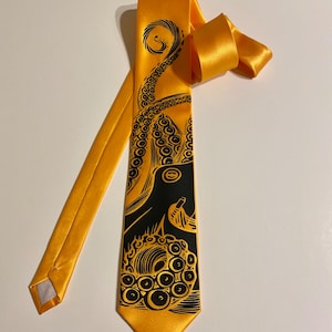 Octopus Tie, Great Golden Yellow Necktie- Black Design, Fun and Unique ...