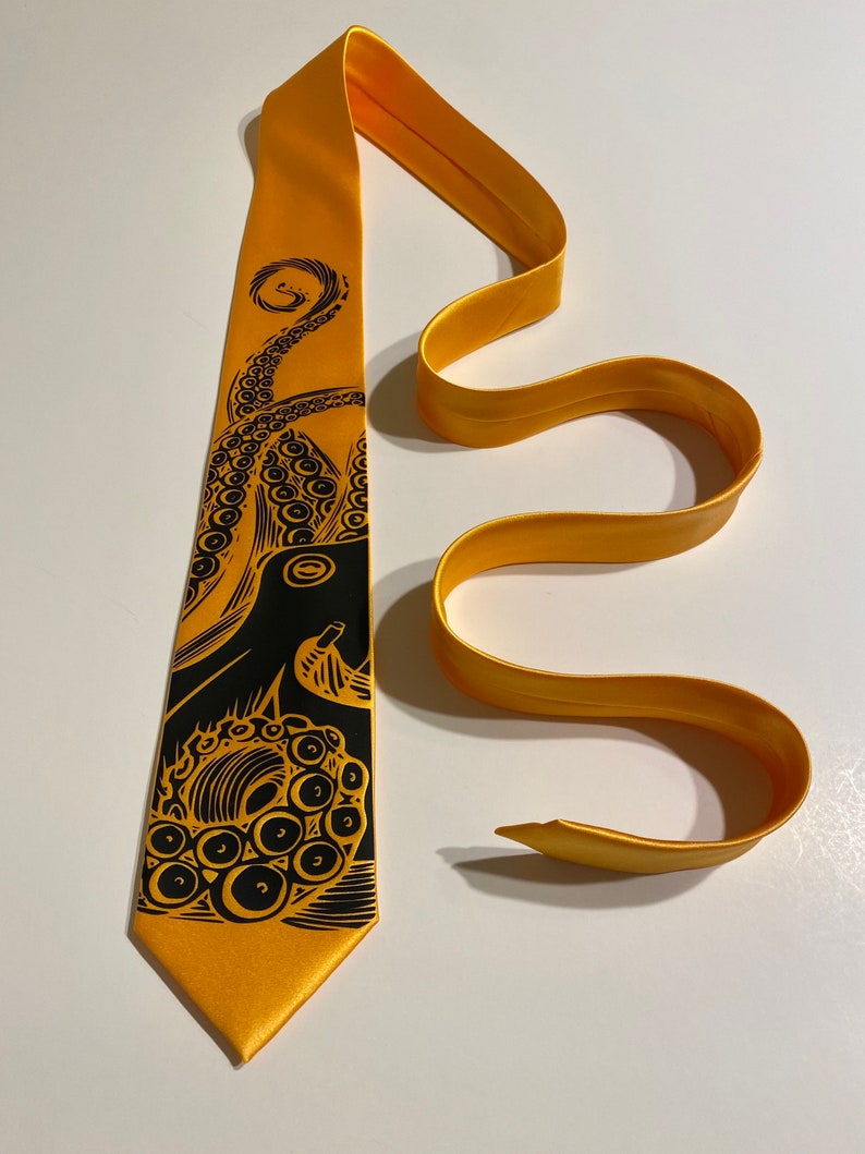 Octopus Tie, Great Golden Yellow Necktie- Black Design, Fun and Unique ...