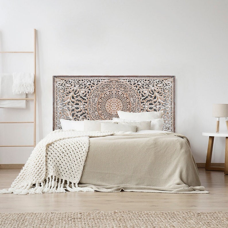 Half Cut Hand-carved Mandala Headboard – "manusa" Antique Wash Boho ...