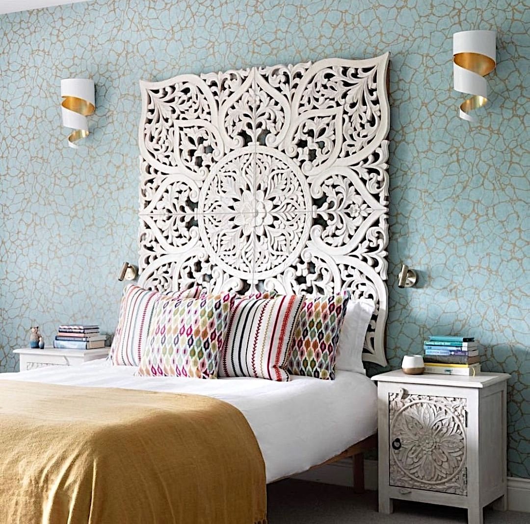 Queen Size Mandala Bed headboard Kemangi Hand Carved Wall Decor Balinese Wall Art Boho Bed Headboard Tropical Home Decor