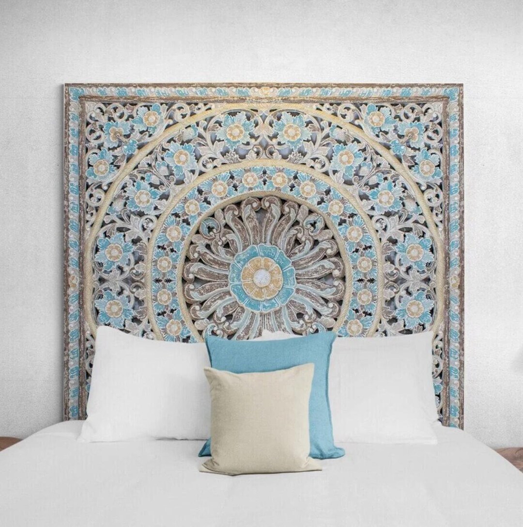 Balinese Carved Mandala Full Bed Headboard Dianna Blue - USA - Etsy