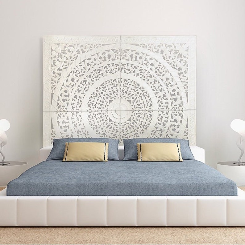 Hand Carved Queen Size Mandala Headboard – "rampai" White Boho Decor 59 ...