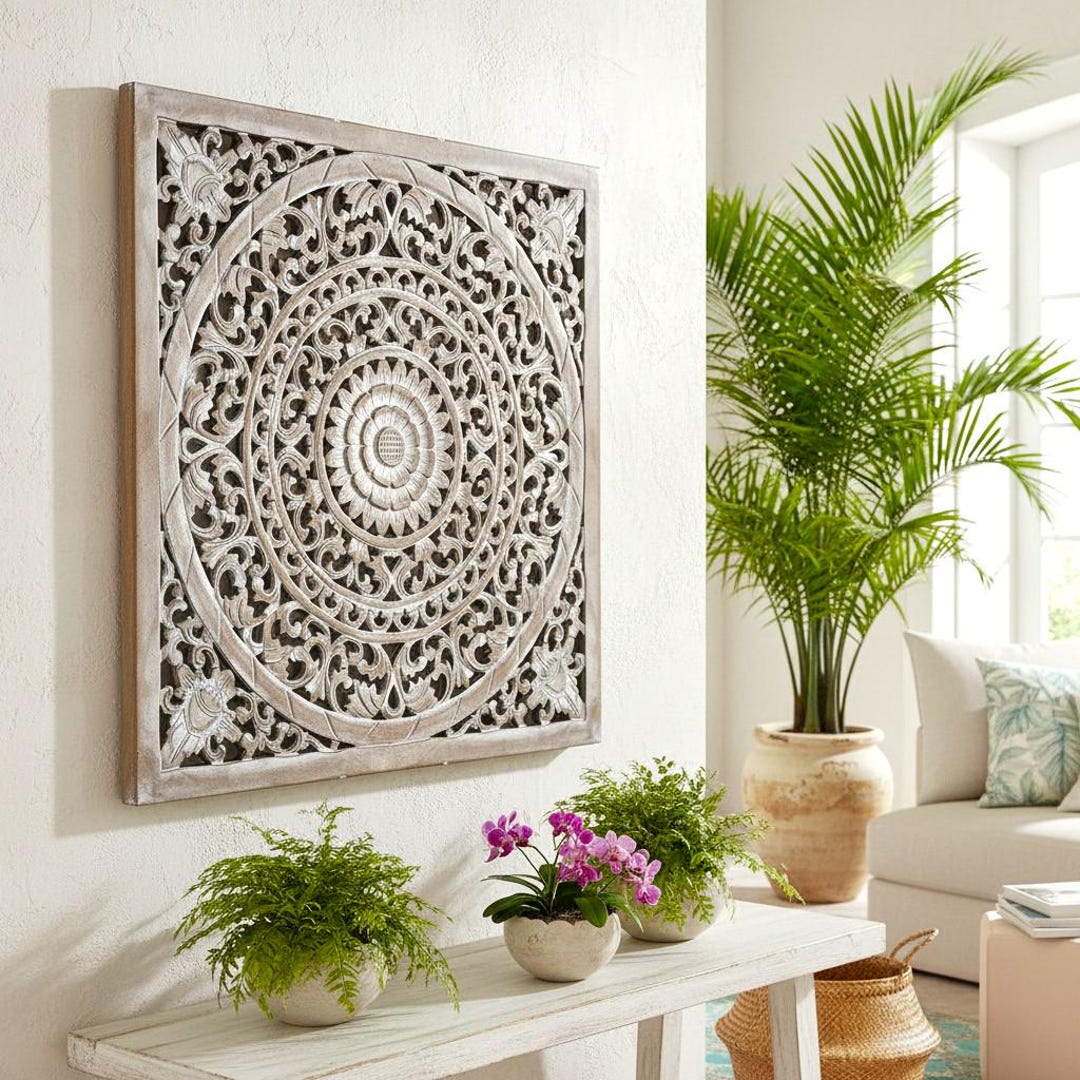 Hand Carved Mandala Wall Panel "sakura" | Boho Balinese Wooden Art (24 ...
