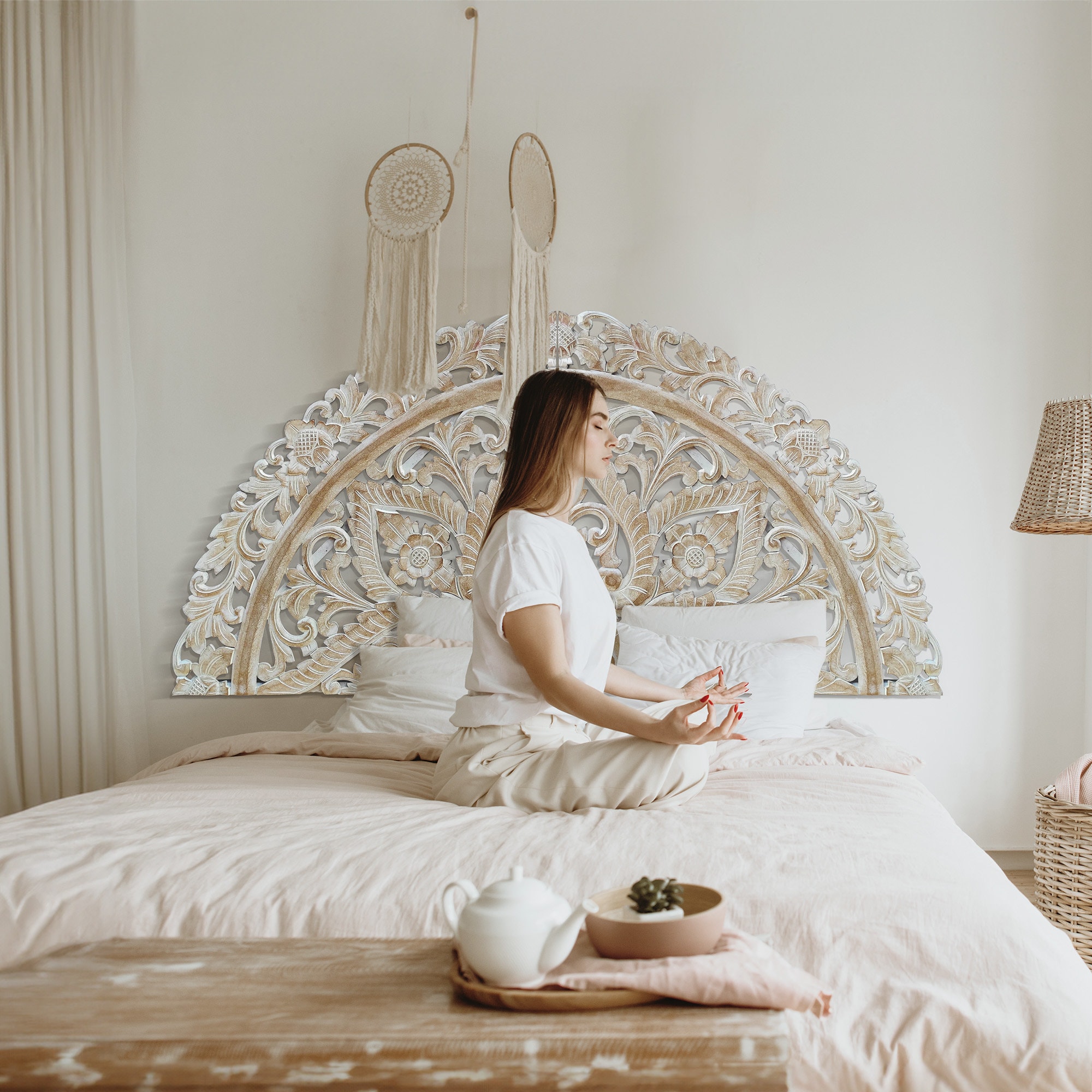 Mandala carved headboard queen store