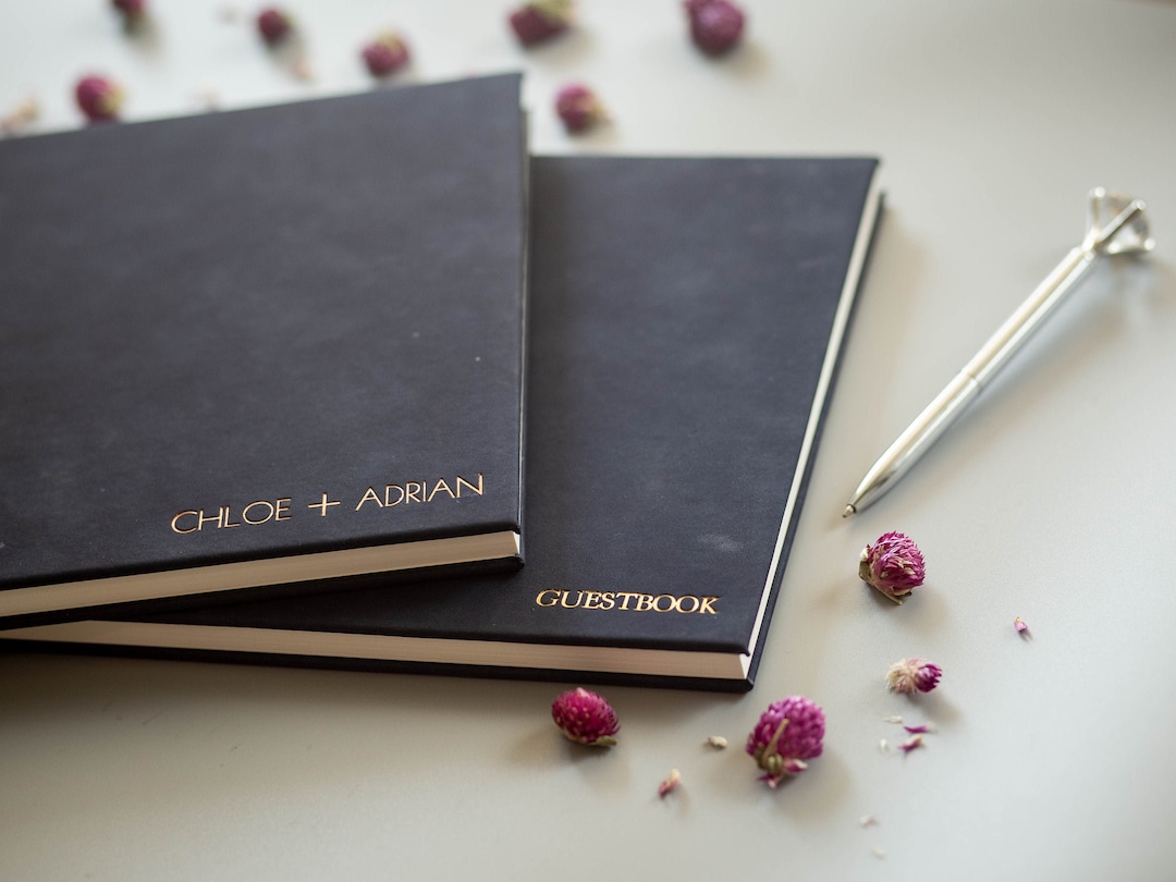Embossed Guest Book in Navy - Shiny Foil Sign in Wedding Guestbook ...