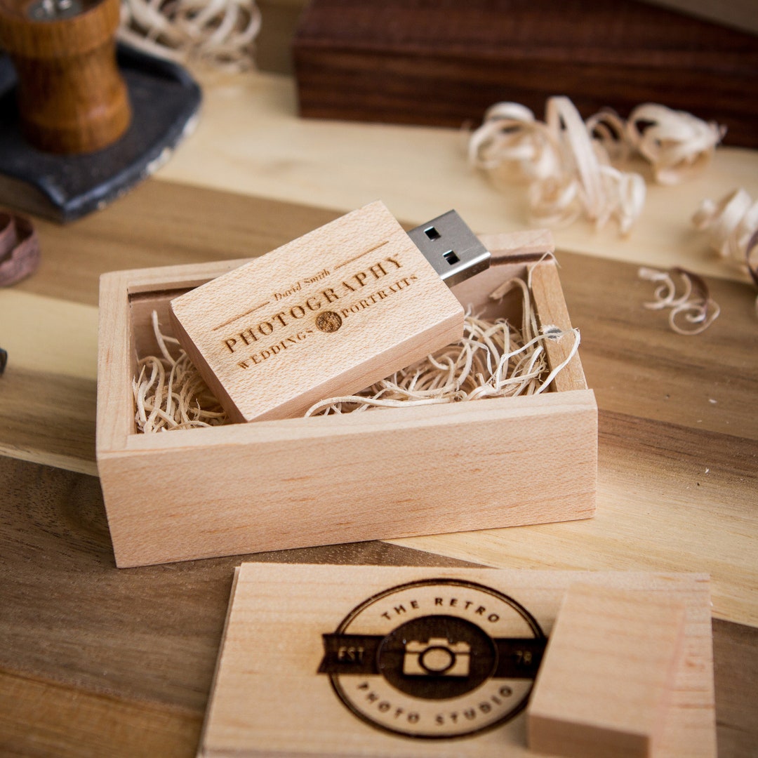 Thick Maple USB Flash Drive & Wood USB Box Set - Custom Engraved USB ...