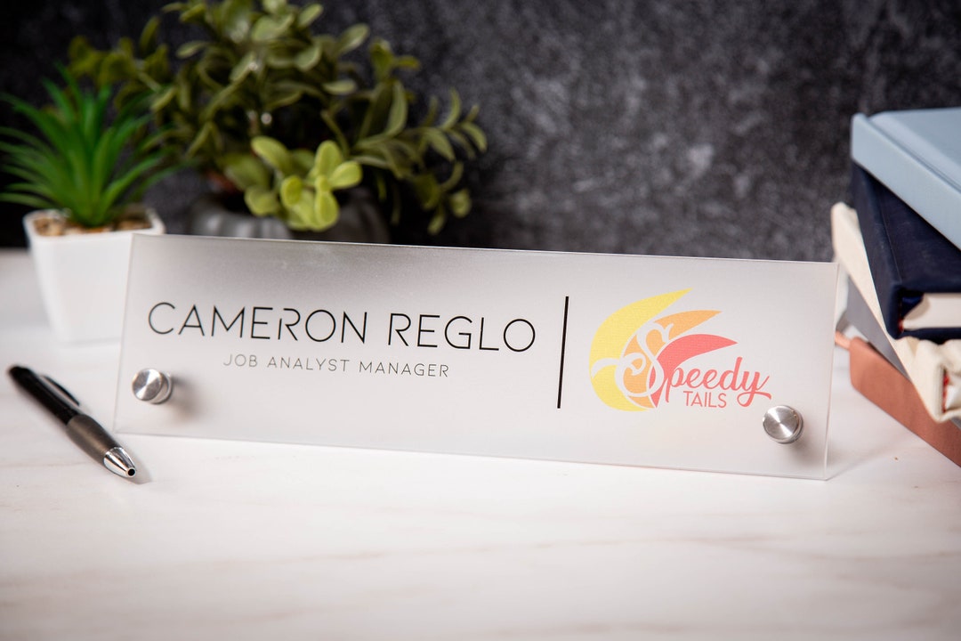 Frosted Standing Name Plate W/ Logo - 10x2.75" Desk Name Sign With ...