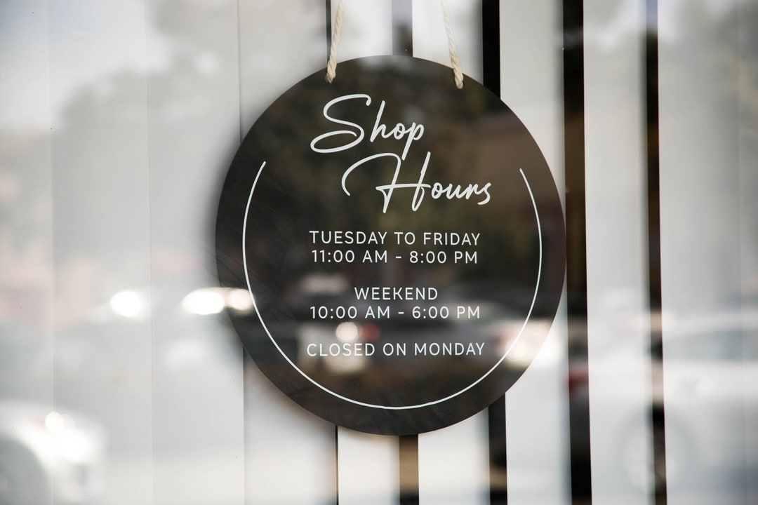 Round Hanging Acrylic Sign store Hours W/ White Rope Custom Signage for ...