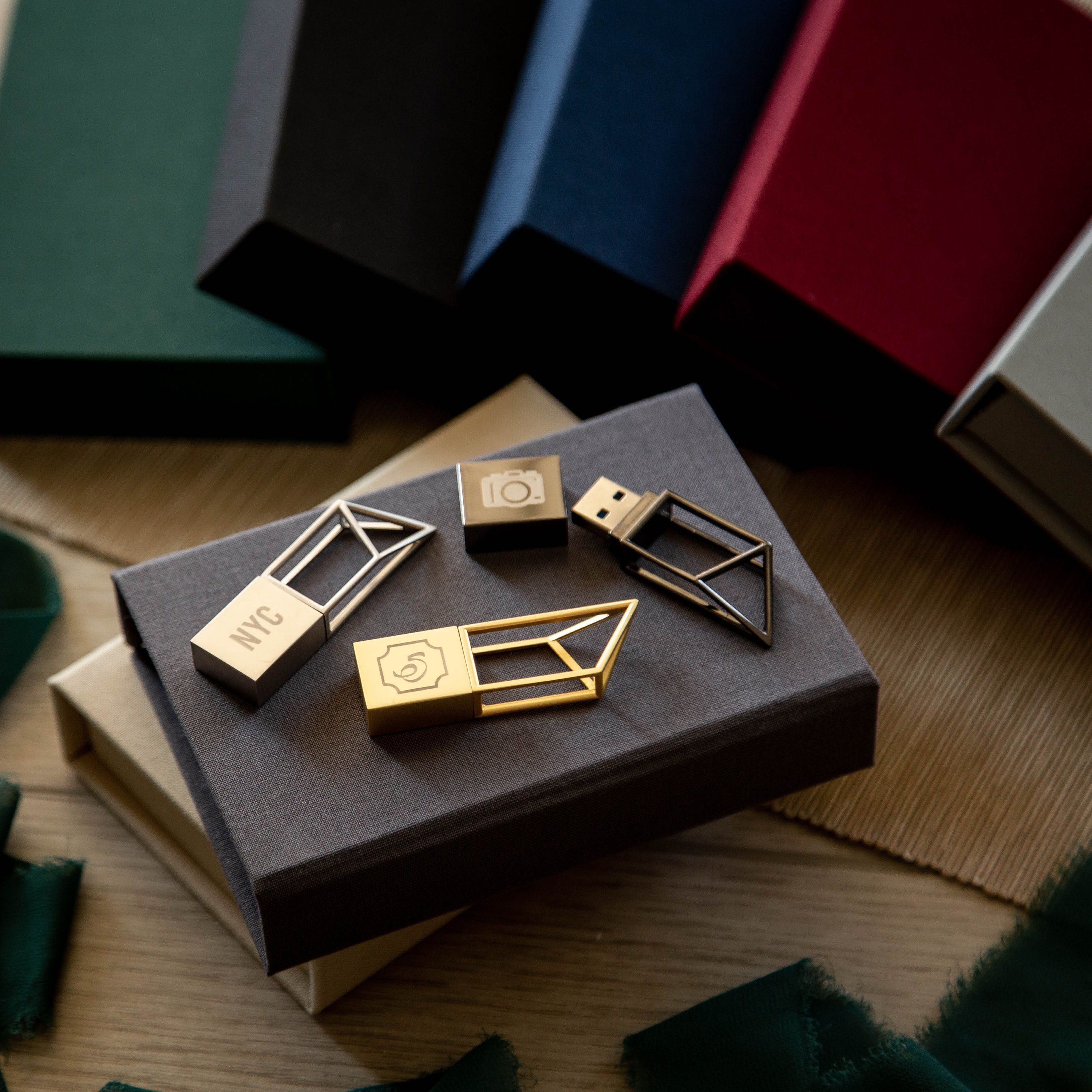 Linen USB Box With Geometric Metal USB Flash Drive Custom | Etsy