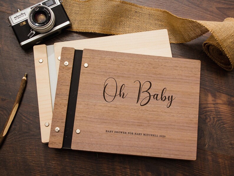 Oh Baby Premium Guestbook - Engraved Wood Guestbook for Baby Shower or ...