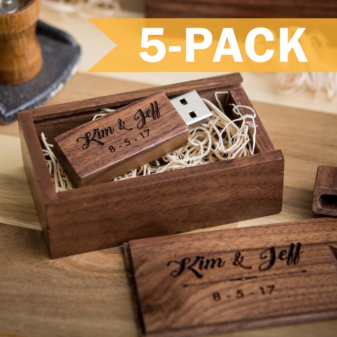5 PACK- Thin Walnut USB Flash Drive & Wood USB Box Set - Custom ...