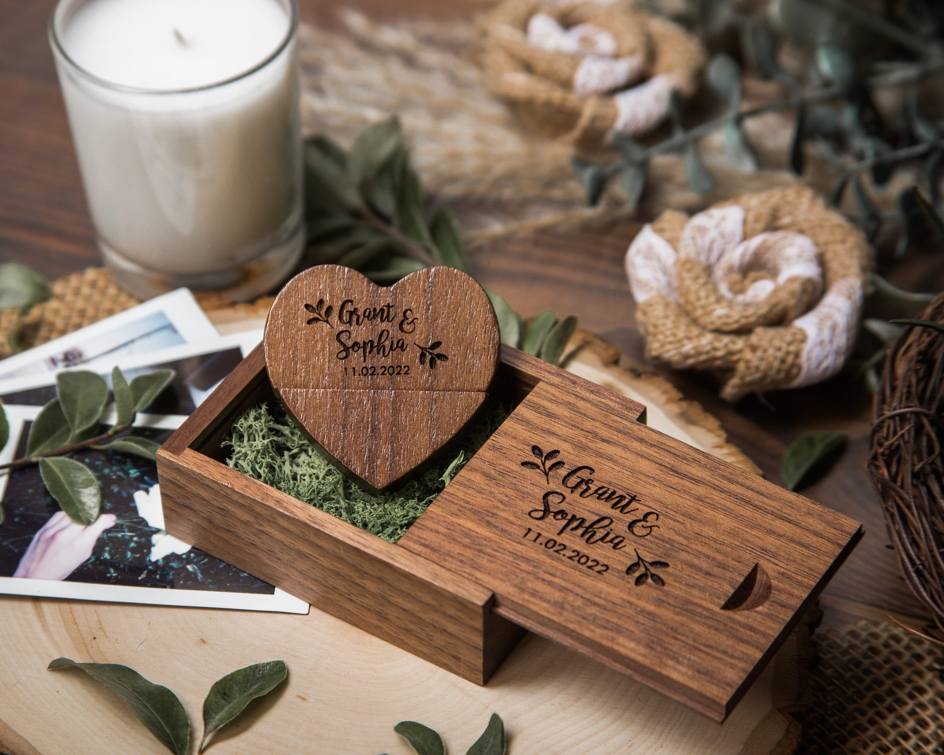 Heart USB & Box Set MOSS Filler Custom Walnut Wood Flash - Etsy