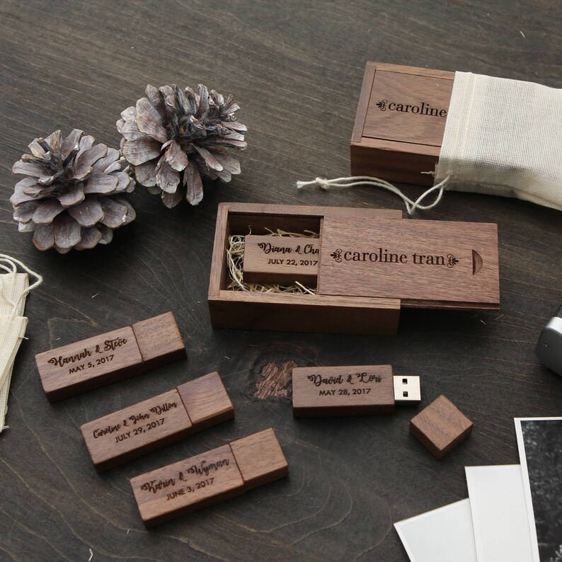 5 PACK- Thin Walnut USB Flash Drive & Wood USB Box Set - Custom ...