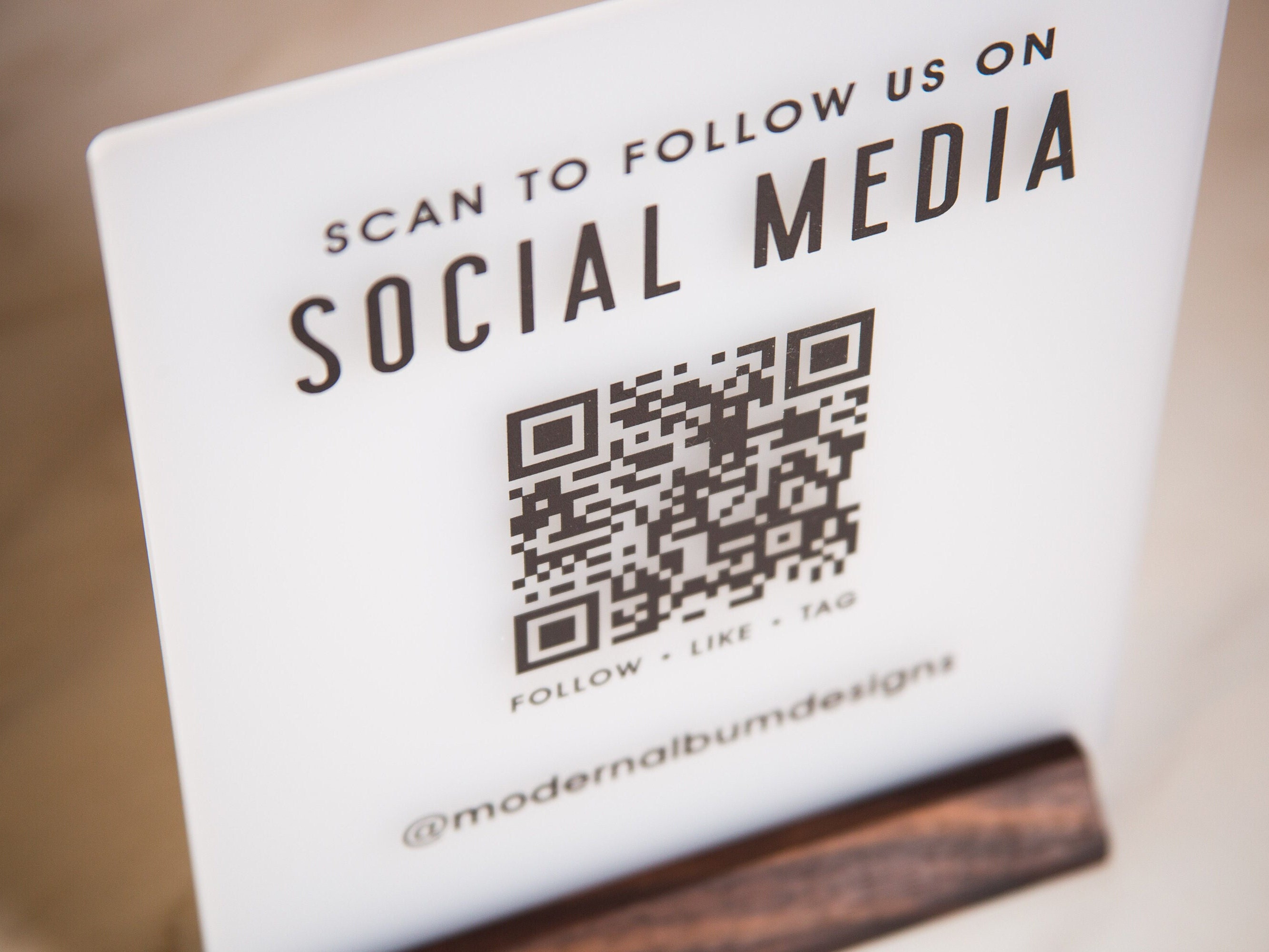QR Code Social Media Sign W/ Wood Stand - Scannable Office Table Desk ...