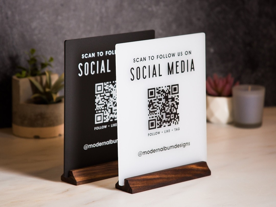 QR Code Social Media Sign W/ Wood Stand - Scannable Office Table Desk ...
