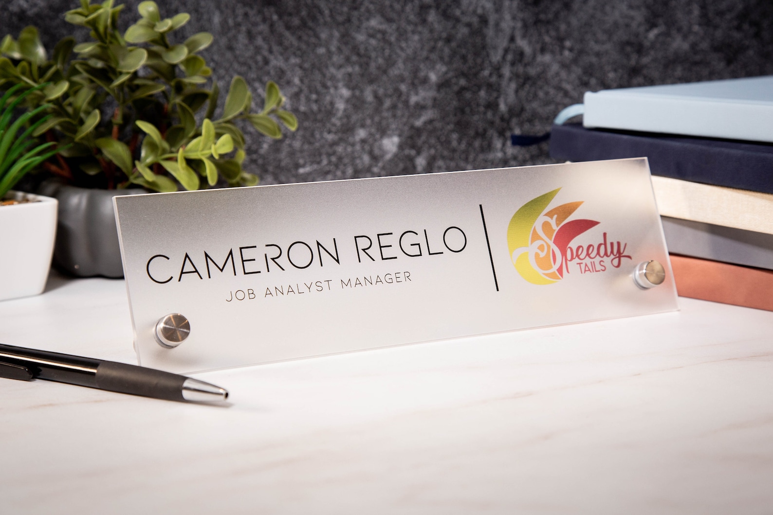 Frosted Standing Name Plate W/ Logo - 10x2.75" Desk Name Sign With ...