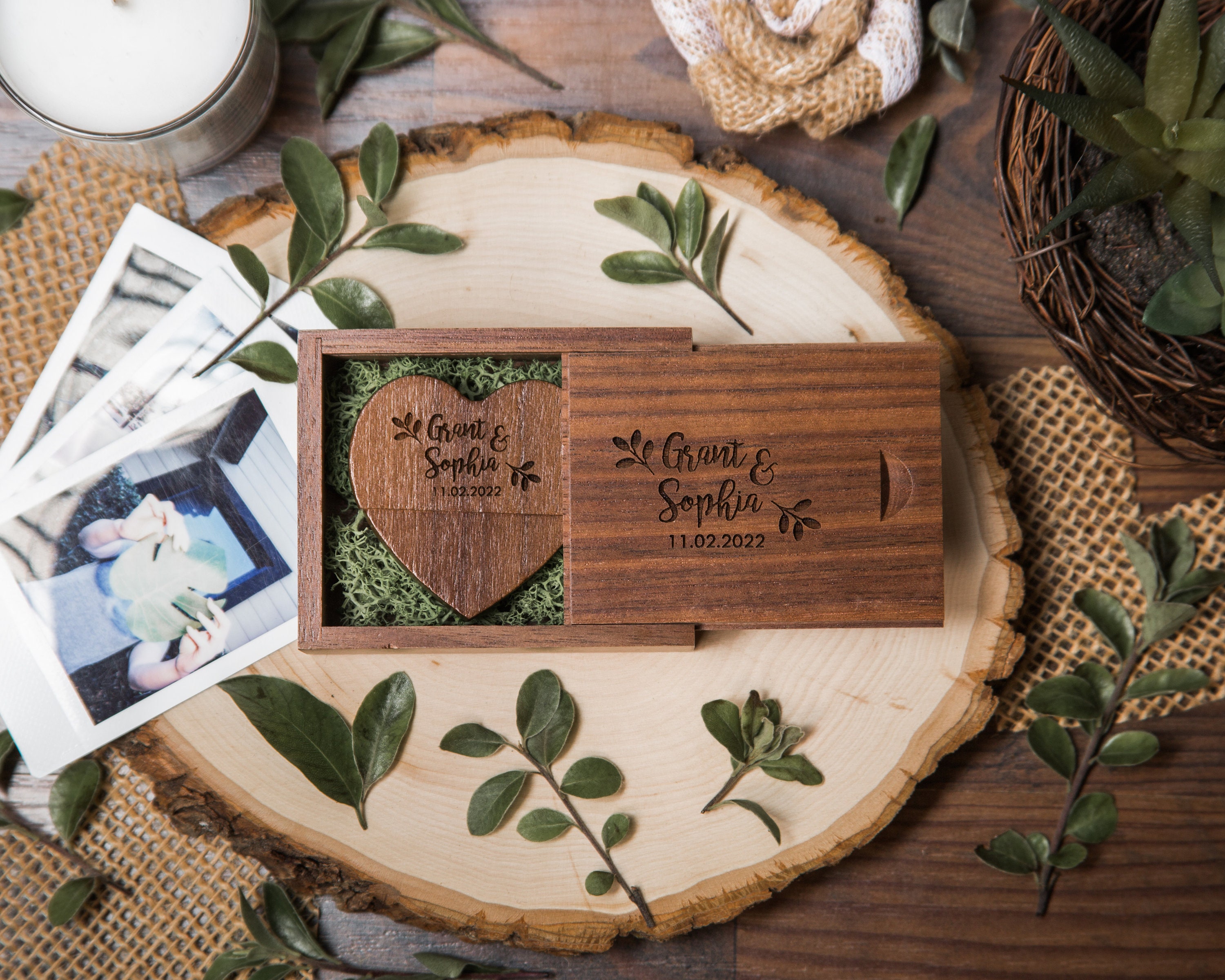 Heart USB & Box Set MOSS Filler Custom Walnut Wood Flash - Etsy