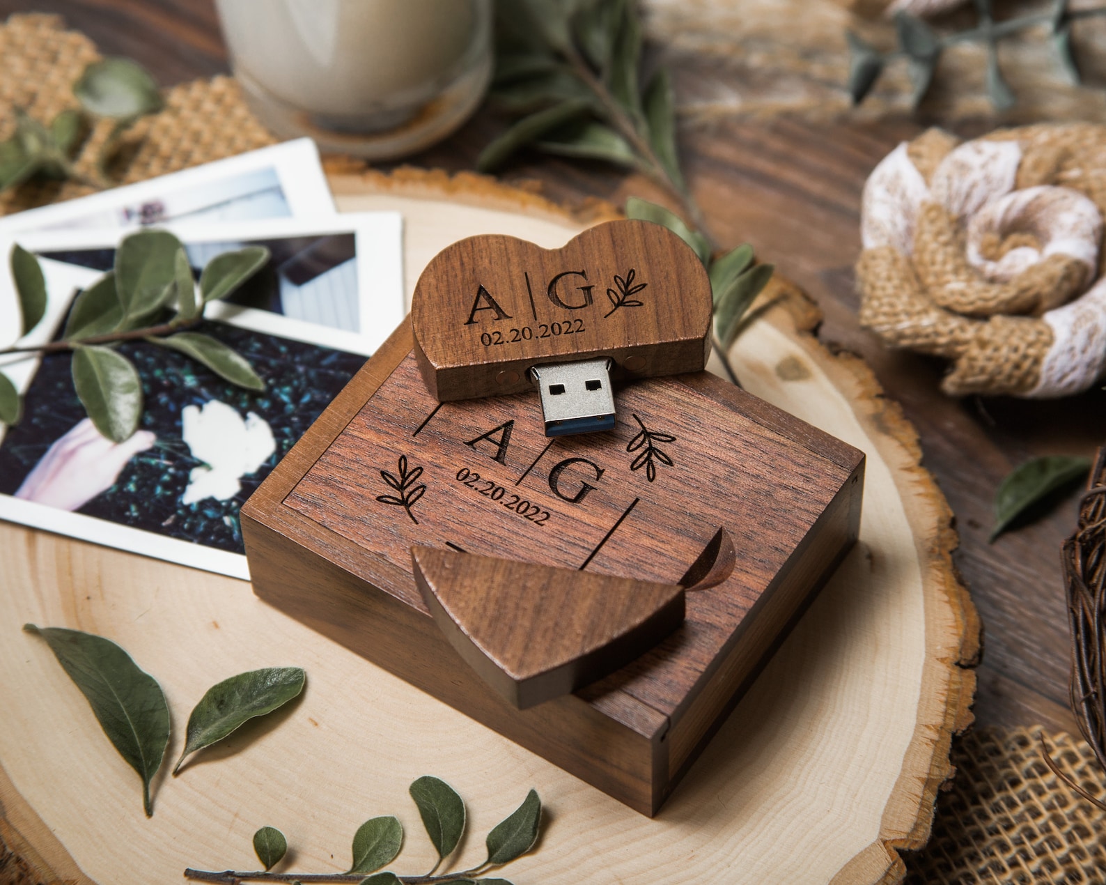 Heart USB & Box Set MOSS Filler Custom Walnut Wood Flash - Etsy