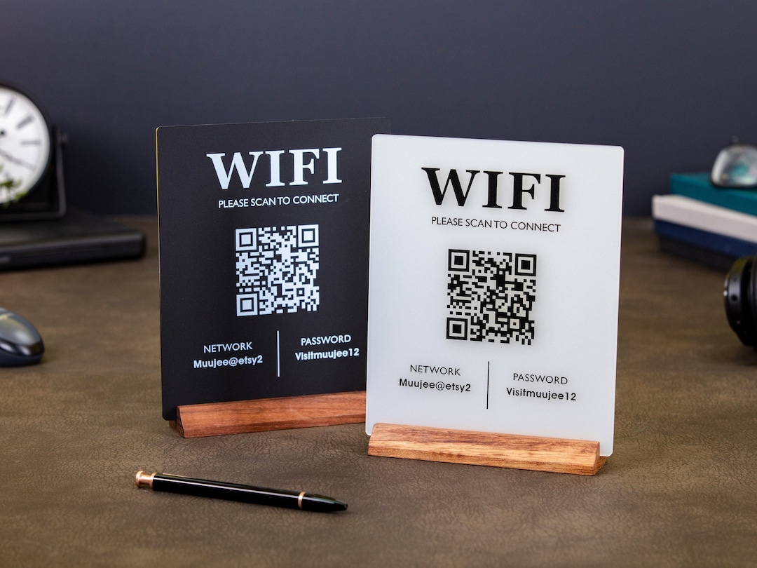 QR Code Wifi Acrylic Sign W/ Wood Base - 6x7.75" Table Sign for Home ...