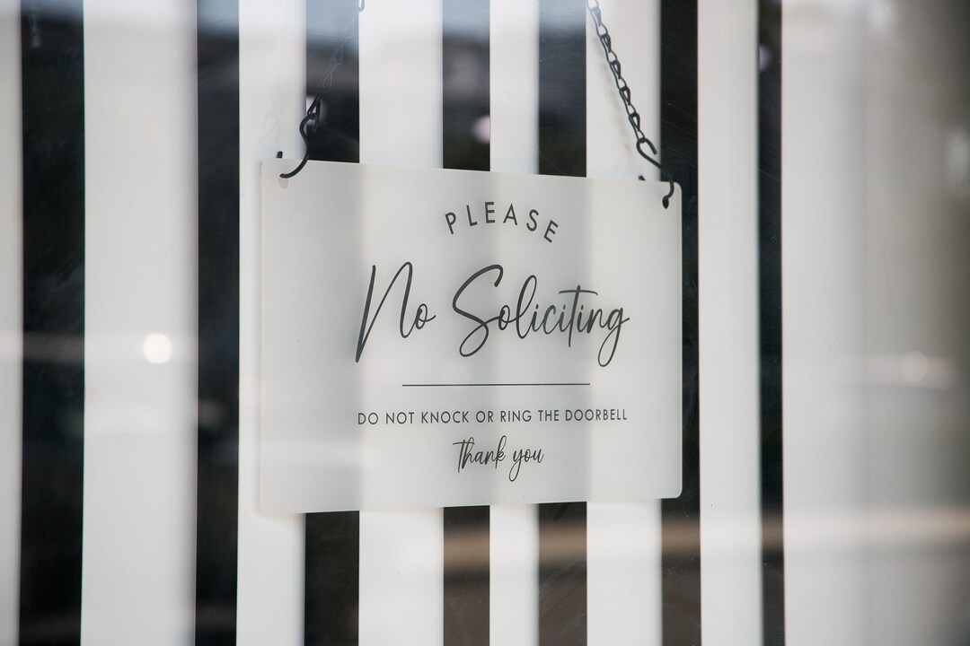 No Soliciting Hanging Acrylic Sign & Black Metal Chain 11.5x7 Custom ...