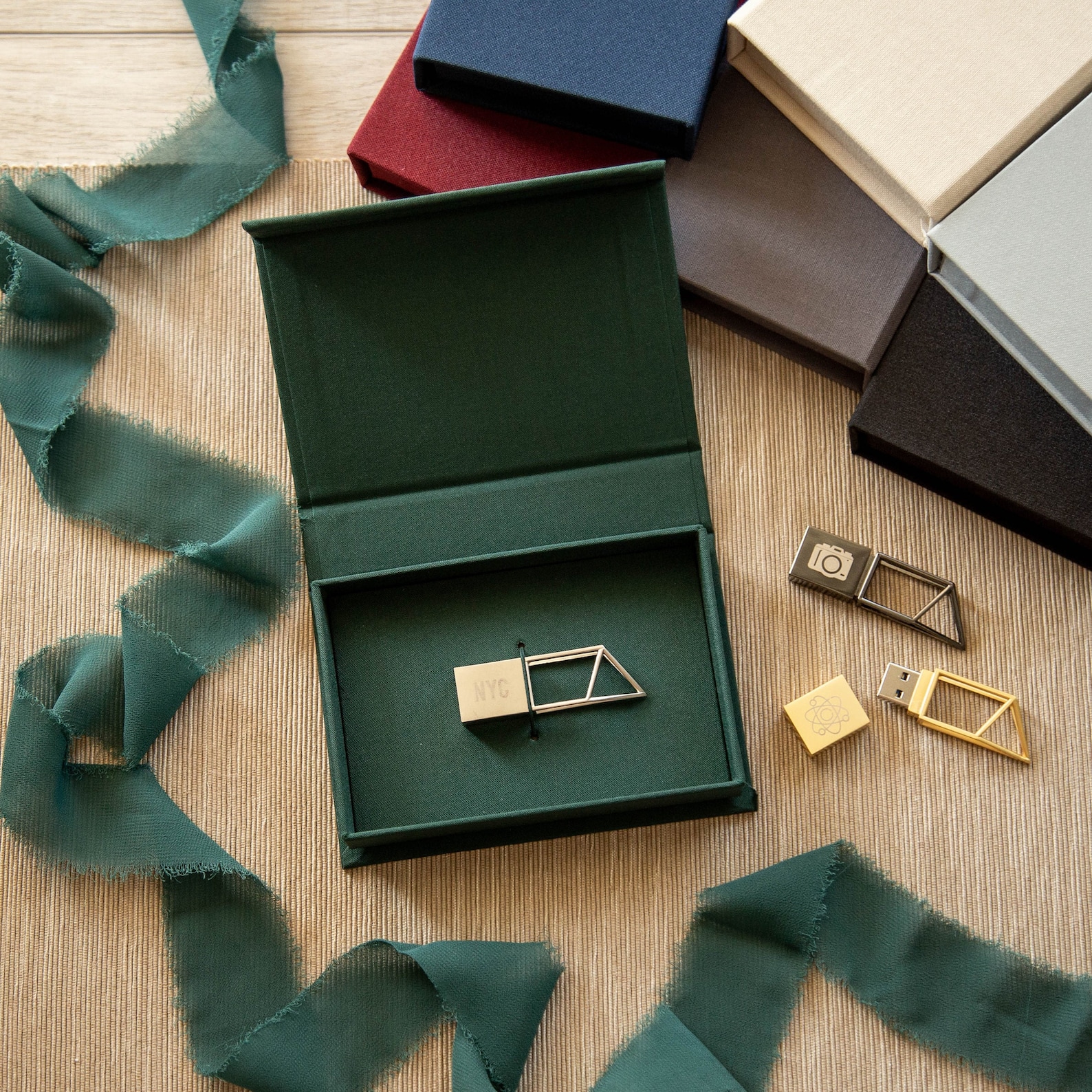 Linen USB Box With Geometric Metal USB Flash Drive Custom | Etsy