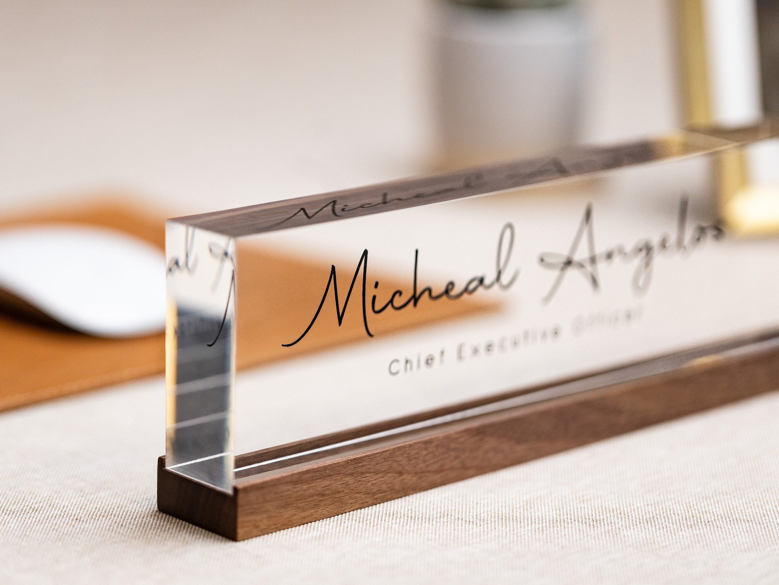 Personalized Acrylic Name Block (D2) - W/ Optional Wooden Base, Minimal ...