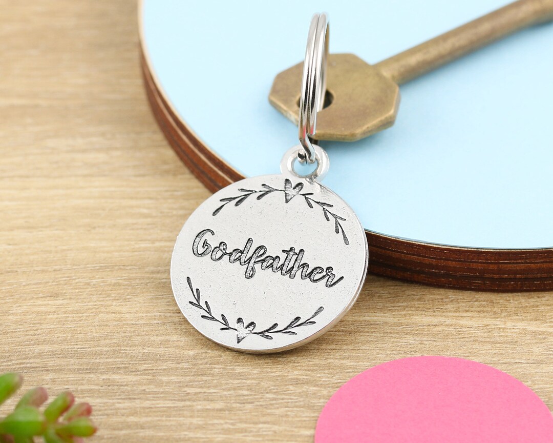 Godfather Leaf Border Pewter Keyring-personalised Godfather Gift ...