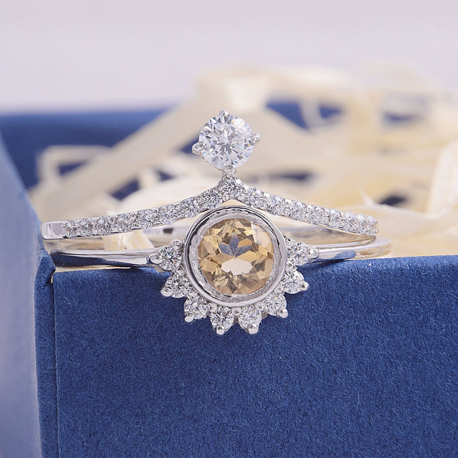 Citrine ring Silver rings set Minimalist rings set Women | Etsy