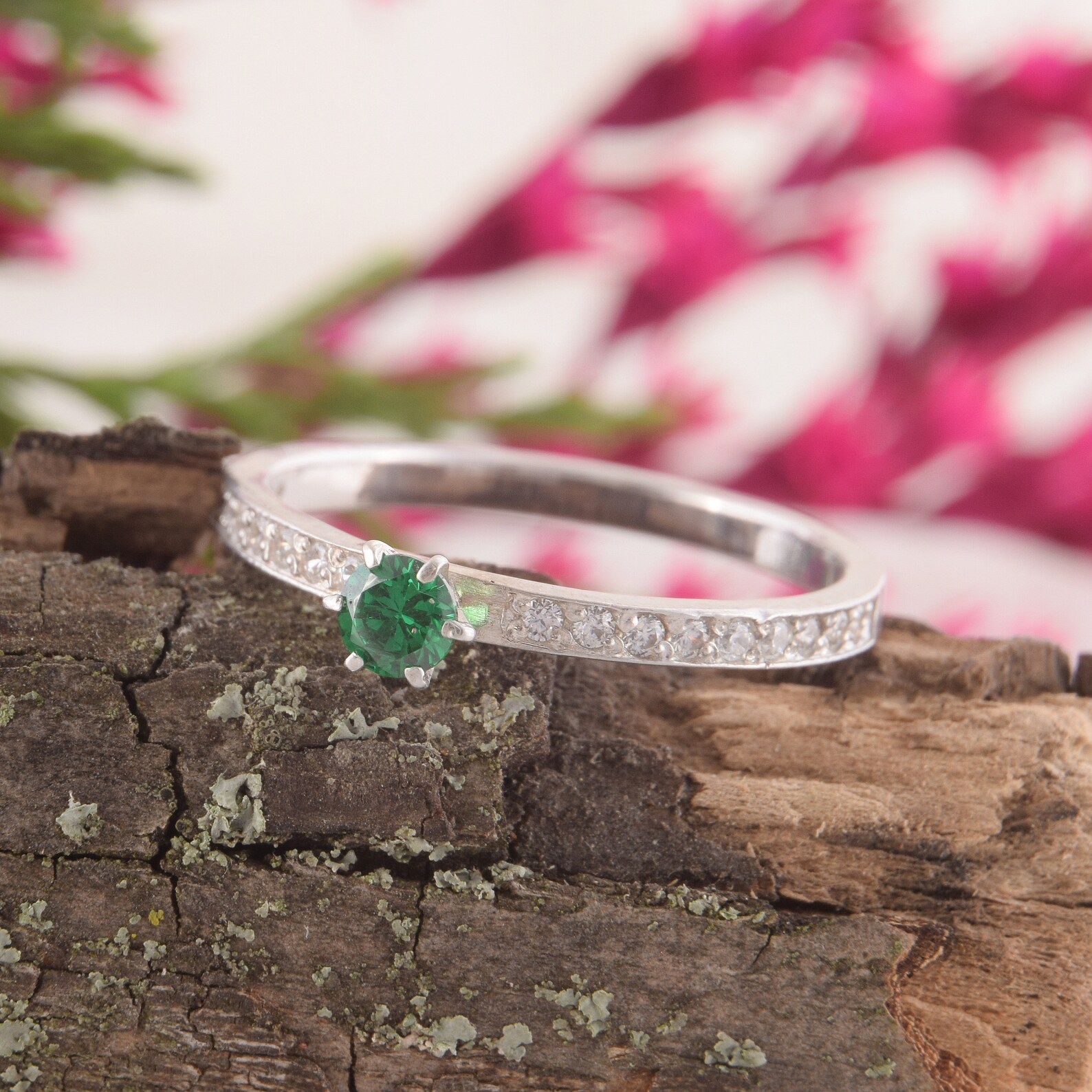 Dainty Silver Emerald Ring Womens Emerald Ring Minimalist | Etsy