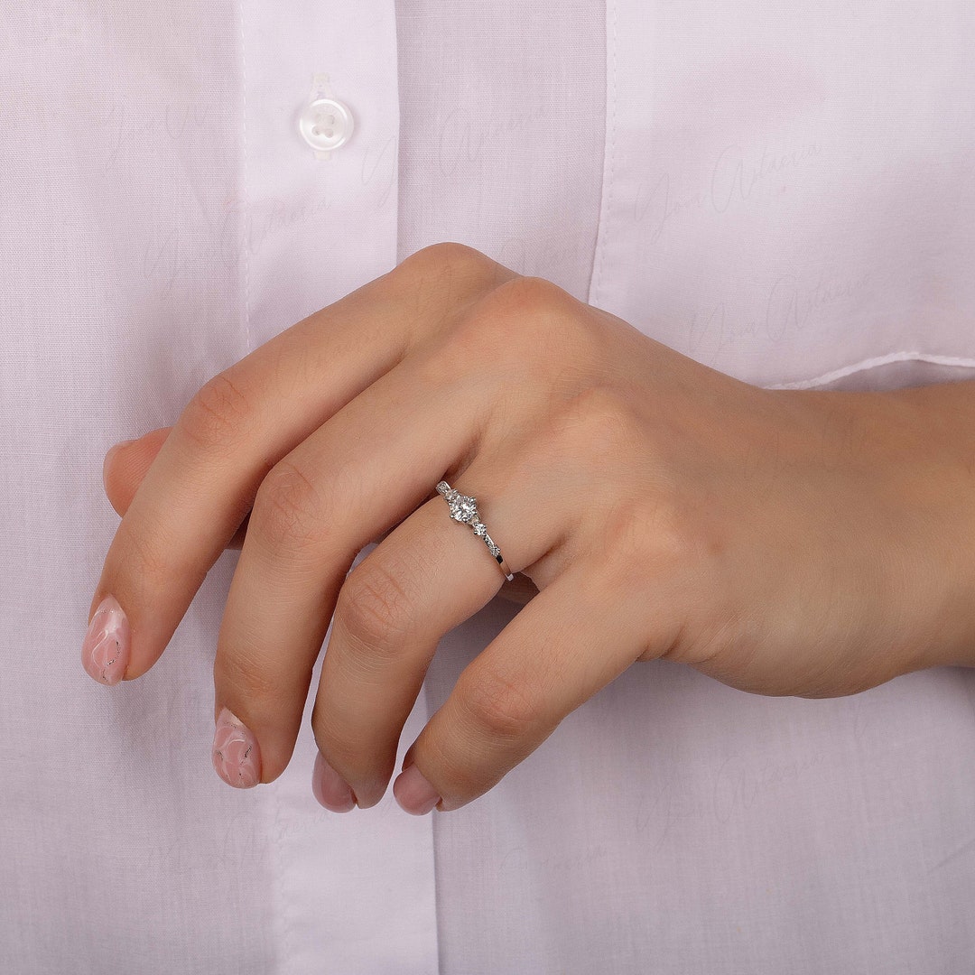 Dainty Silver Engagement Ring, Womens Tiny Minimalist Promise Ring ...