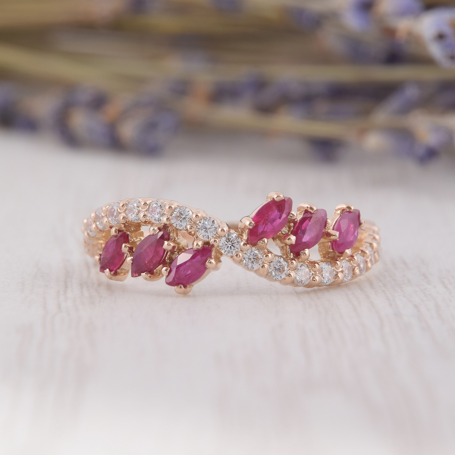 Unique Rose Gold Ruby Wedding Band, Womens Anniversary Ring Gift ...