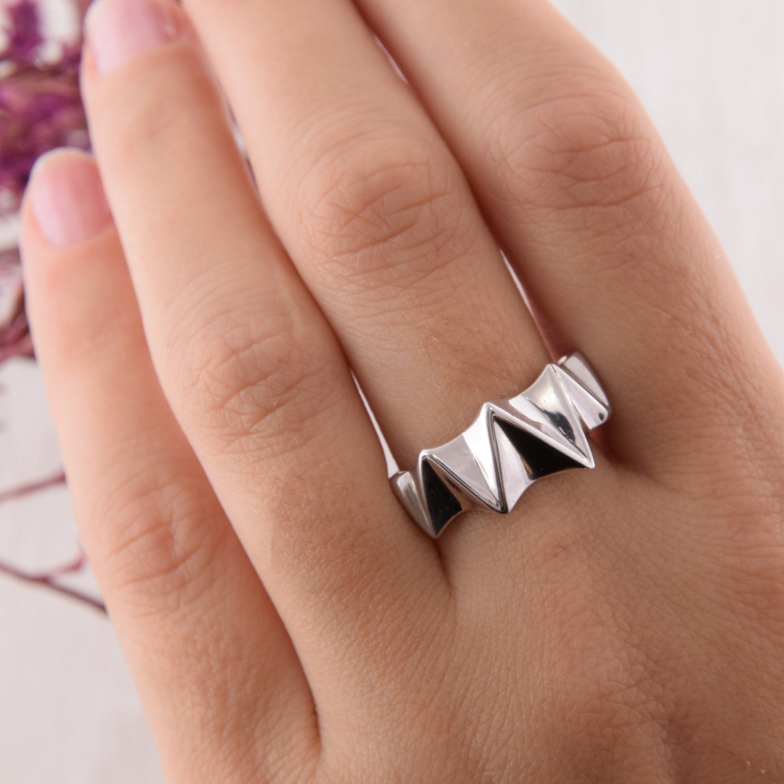 Unique Geometric Wedding Band Womens Silver Wedding Band | Etsy