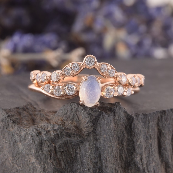 Unique Womens Moonstone Gold Wedding Rings Set Art Deco | Etsy