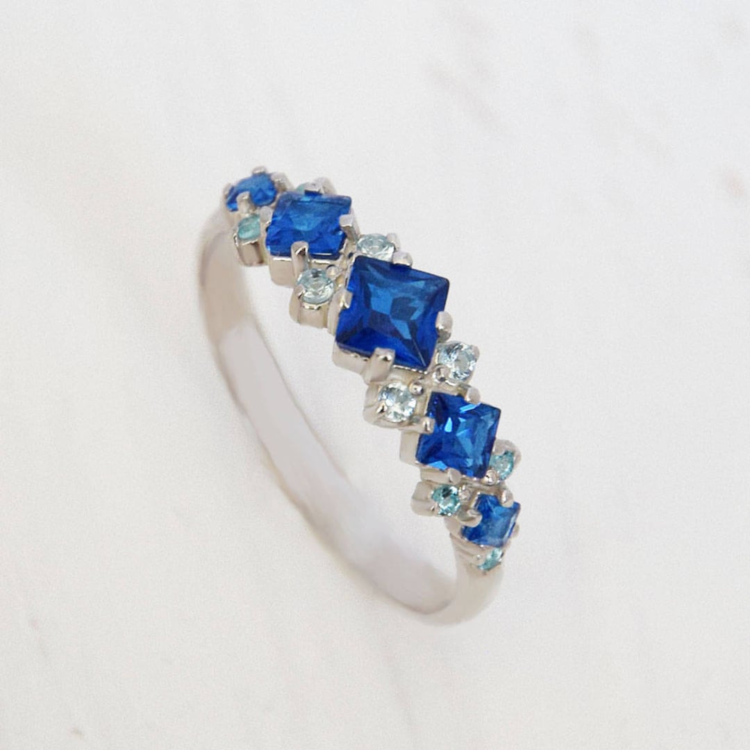 Unique Womens Wedding Band With Sapphire and Topaz, Princess Cut ...