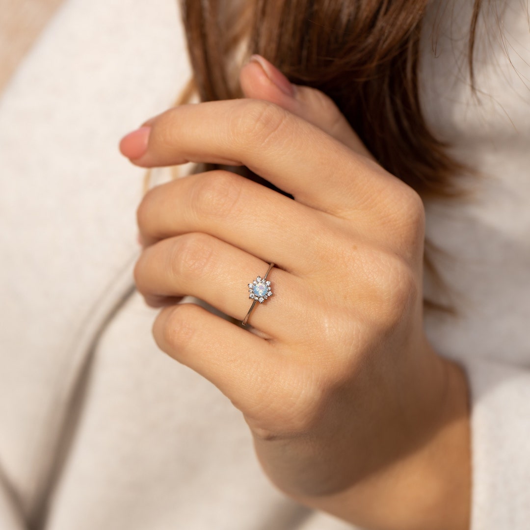 Moonstone Promise Ring Sterling Silver, Tiny Moonstone Engagement Ring, Snowflake Ring, Unique ...