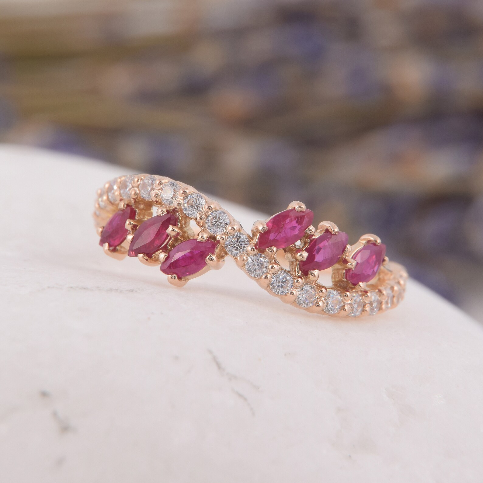 Unique Rose Gold Ruby Wedding Band, Womens Anniversary Ring Gift ...