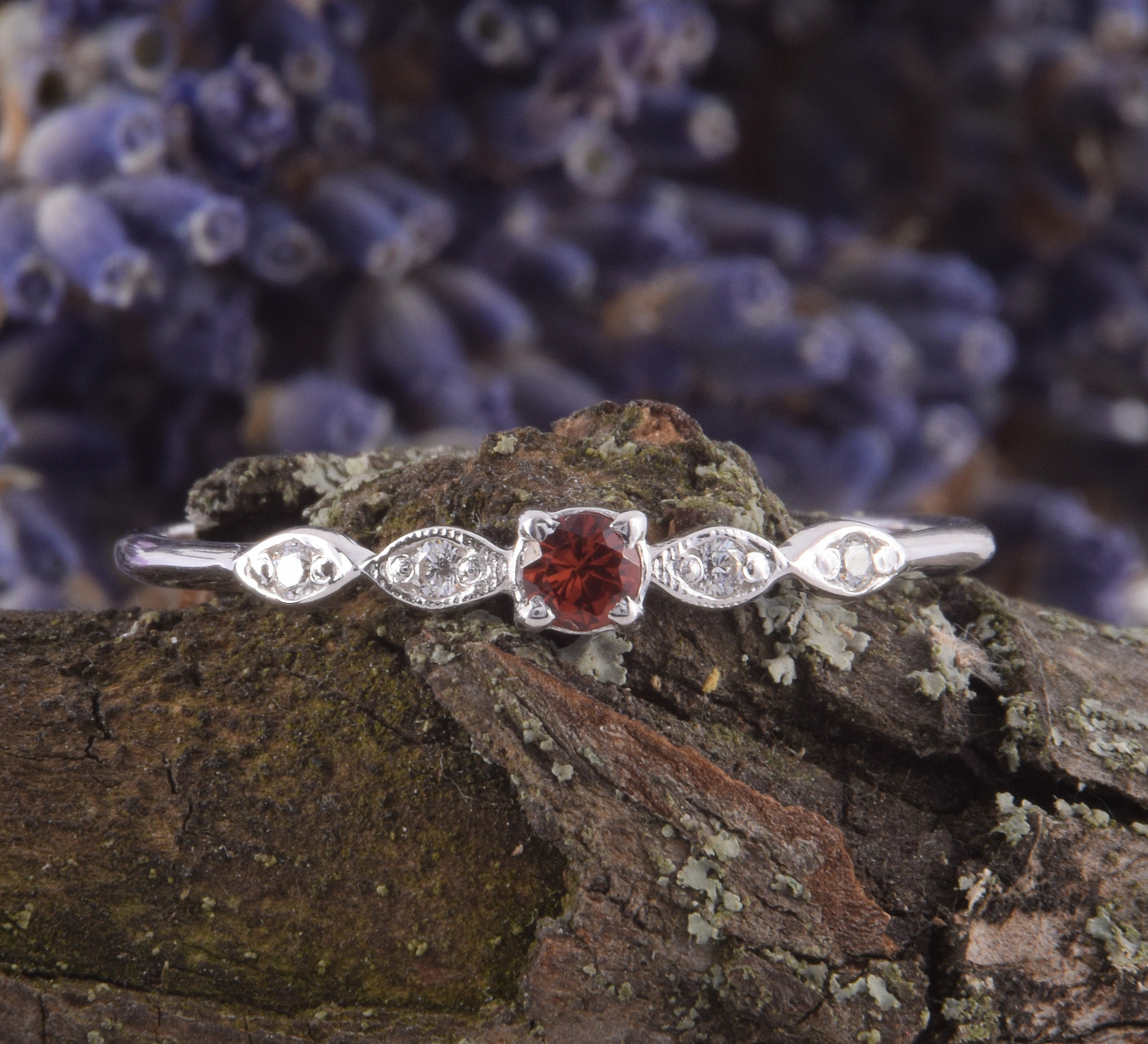 Simple Art Deco Garnet Promise Ring for Her, Small & Dainty Womens Promise Ring, Sterling Silver ...