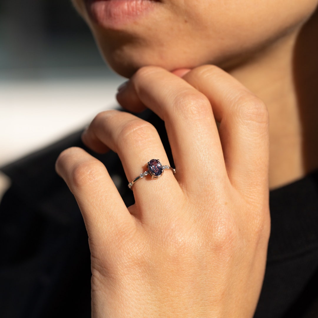 Unique Alexandrite Engagement Ring Sterling Silver, Dainty Oval ...