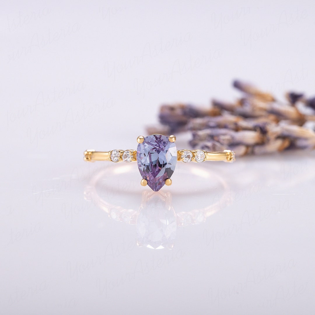 Unique 14k Gold Pear Alexandrite Women Engagement Ring, Dainty ...