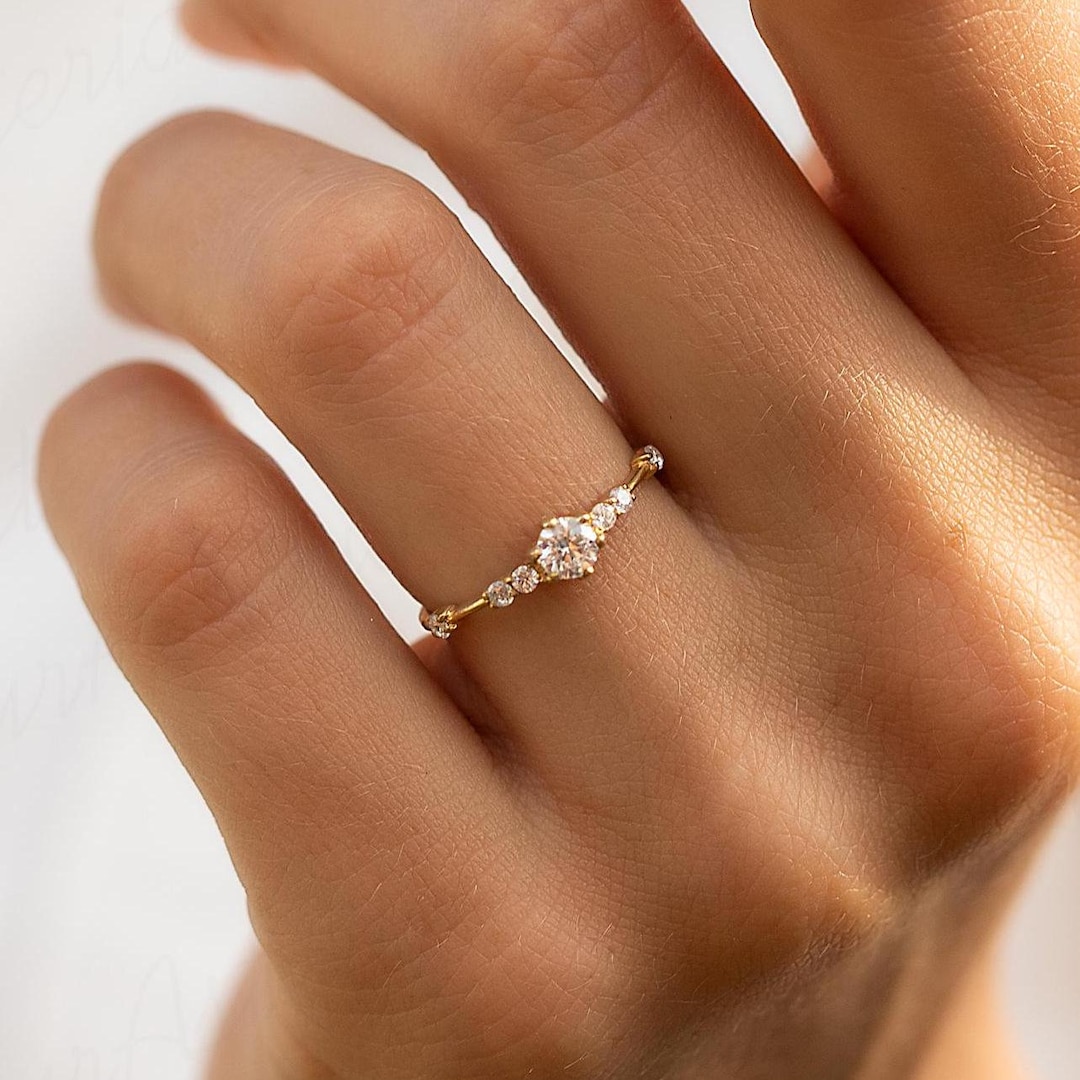 Dainty Minimalist 14k Gold Diamond Cz Engagement Ring, Unique Elegant ...