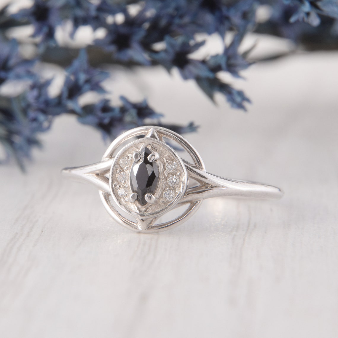 Black Stone Ring Sterling Silver Womens Art Deco Ring | Etsy