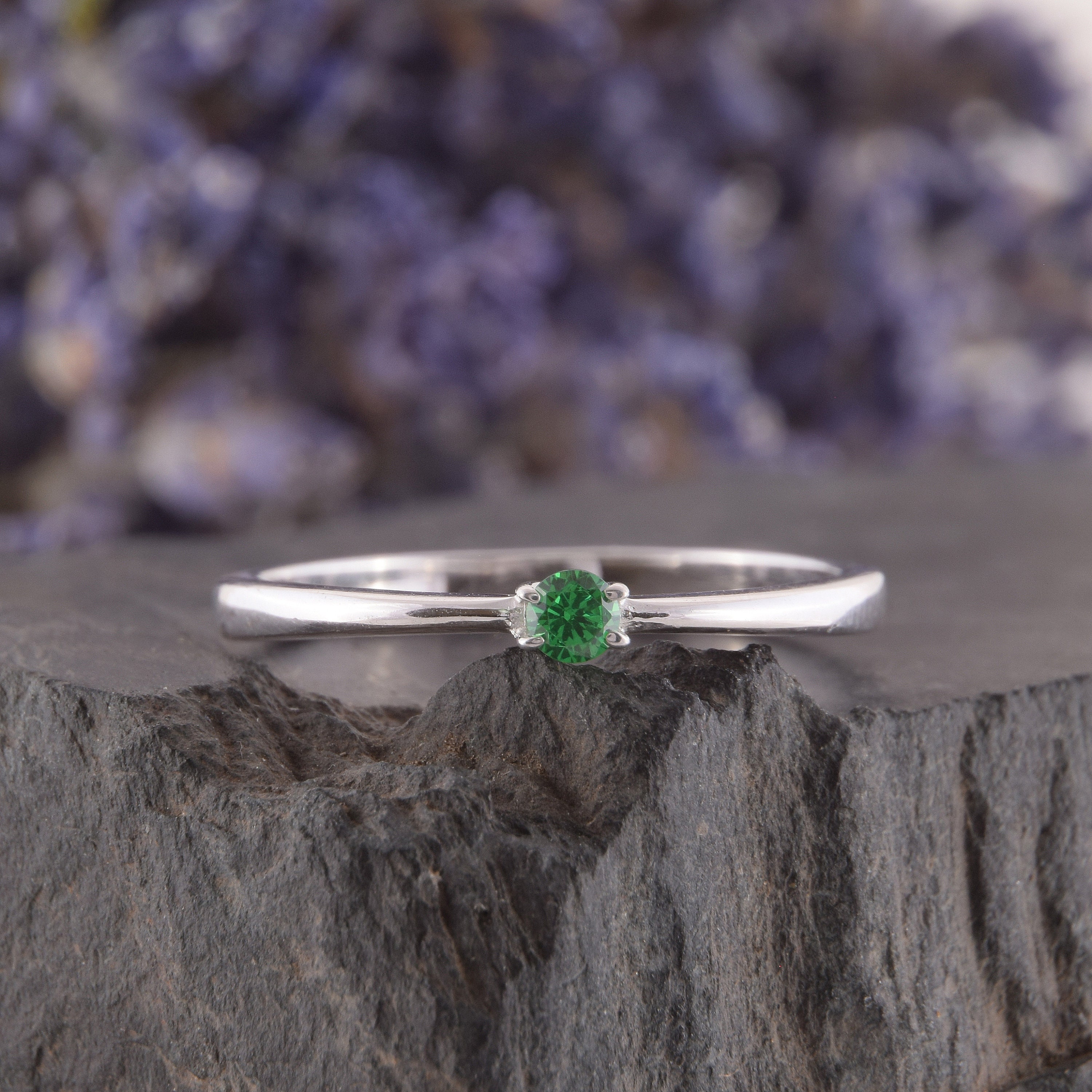 Womens Minimalist Silver Ring with Emerald Emerald Solitaire | Etsy