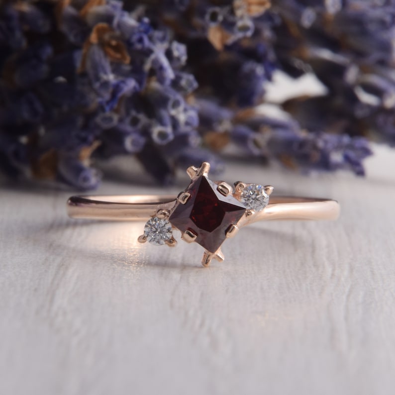 Garnet Ring, Princess Cut Ring, Promise Ring, Art Deco Ring, Red Stone ...
