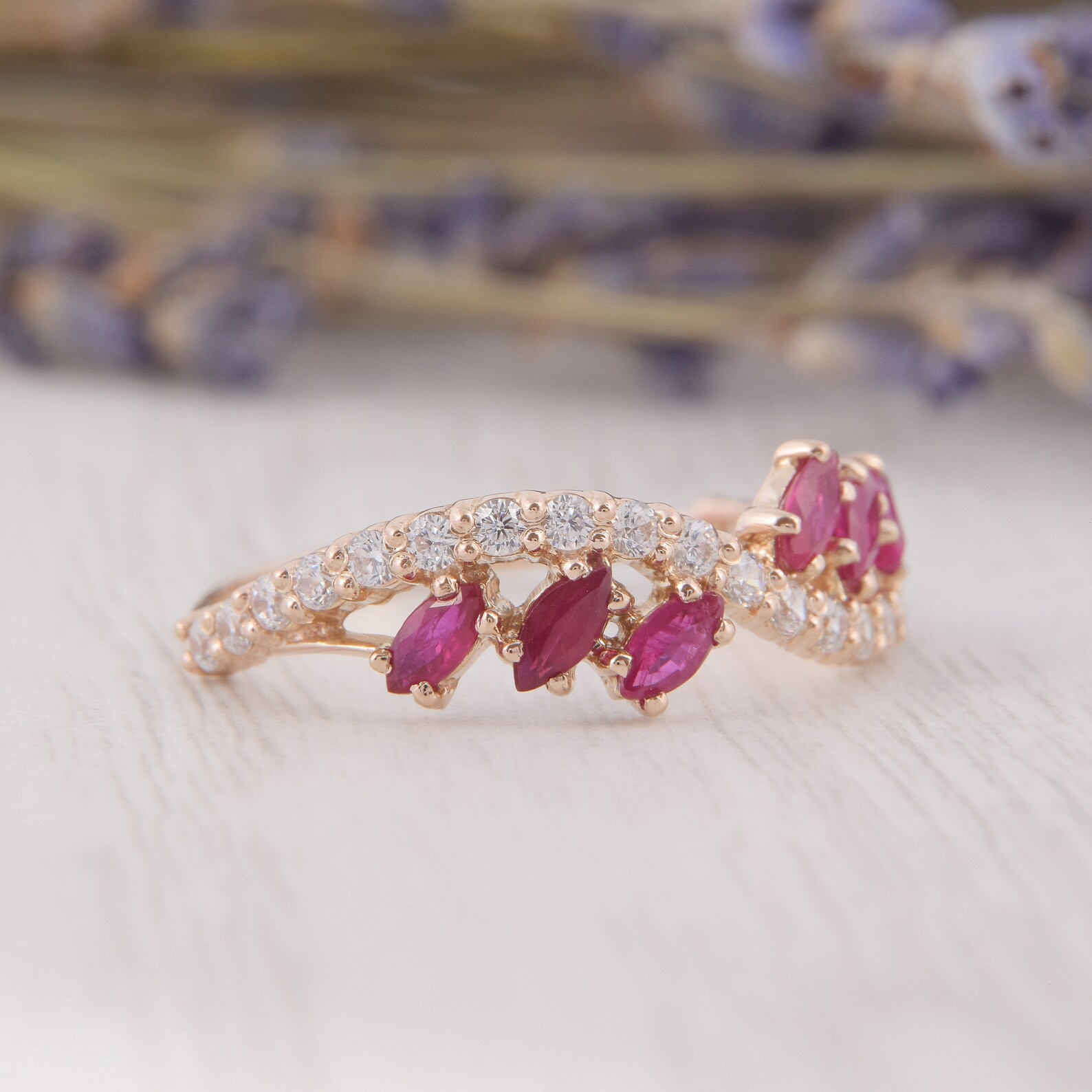Unique Rose Gold Ruby Wedding Band, Womens Anniversary Ring Gift ...