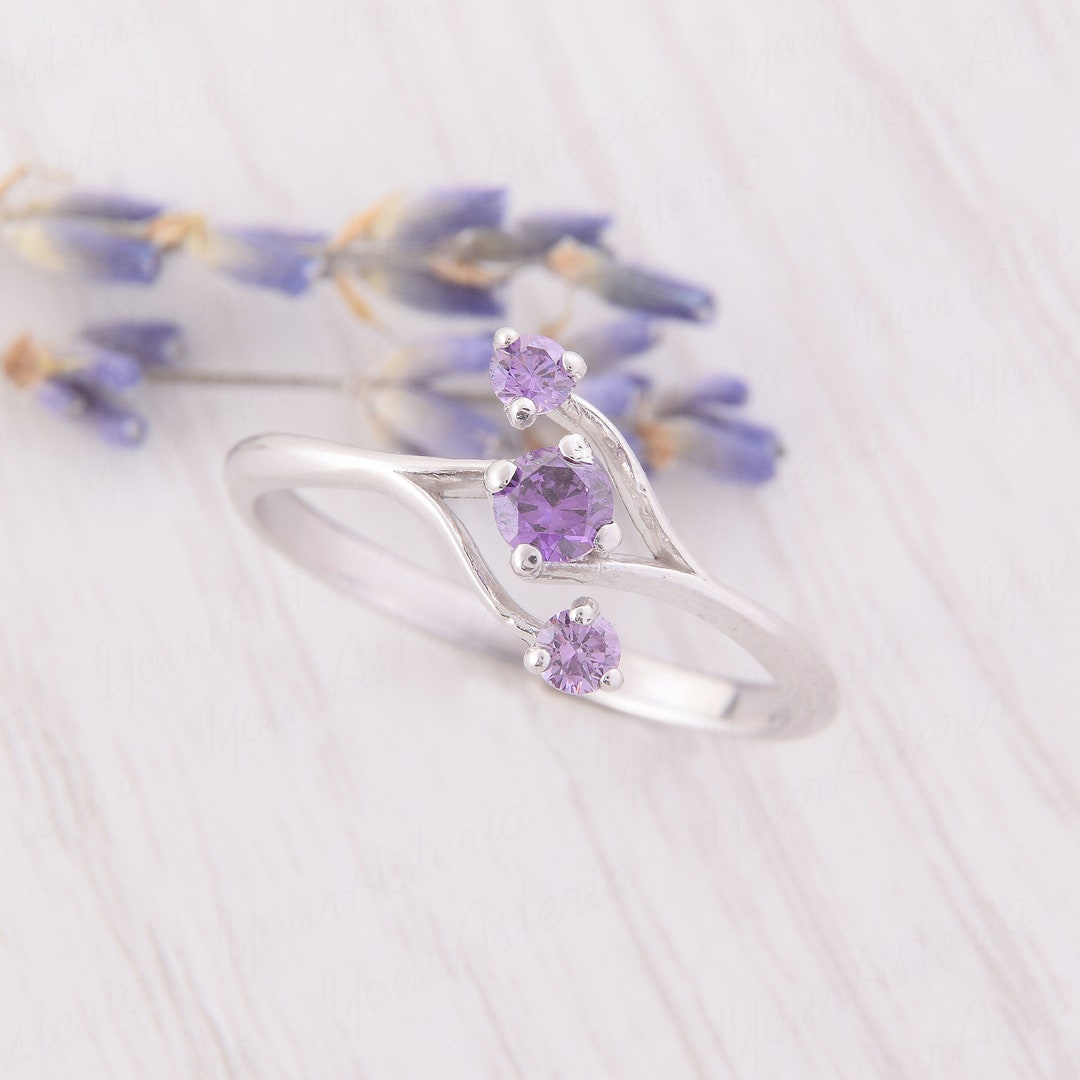 Simple Three Stone Silver Promise Ring, Womens Amethyst Silver Ring ...